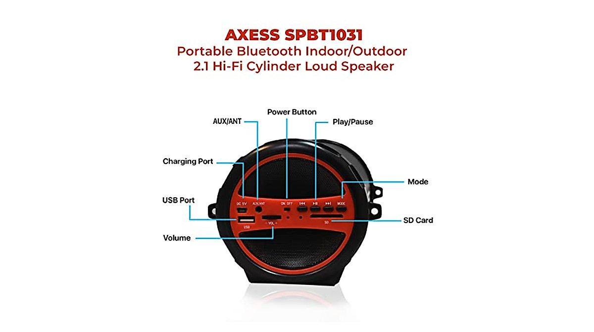 Axess SPBT1031 Portable Bluetooth Speaker - Powerful 2.1 Hi-Fi Sound