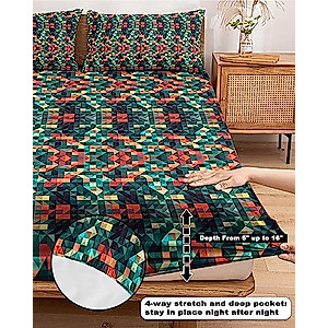 Abstract Colorful Mosaic Tile Art Fitted Bed Sheets Full Size Fit 5-16inch Deep Pockets,Luxury Bottom Sheet Bedding Set with Pillow Case,Seamless Texture Geometric Square Fitted Sheet for Mattress