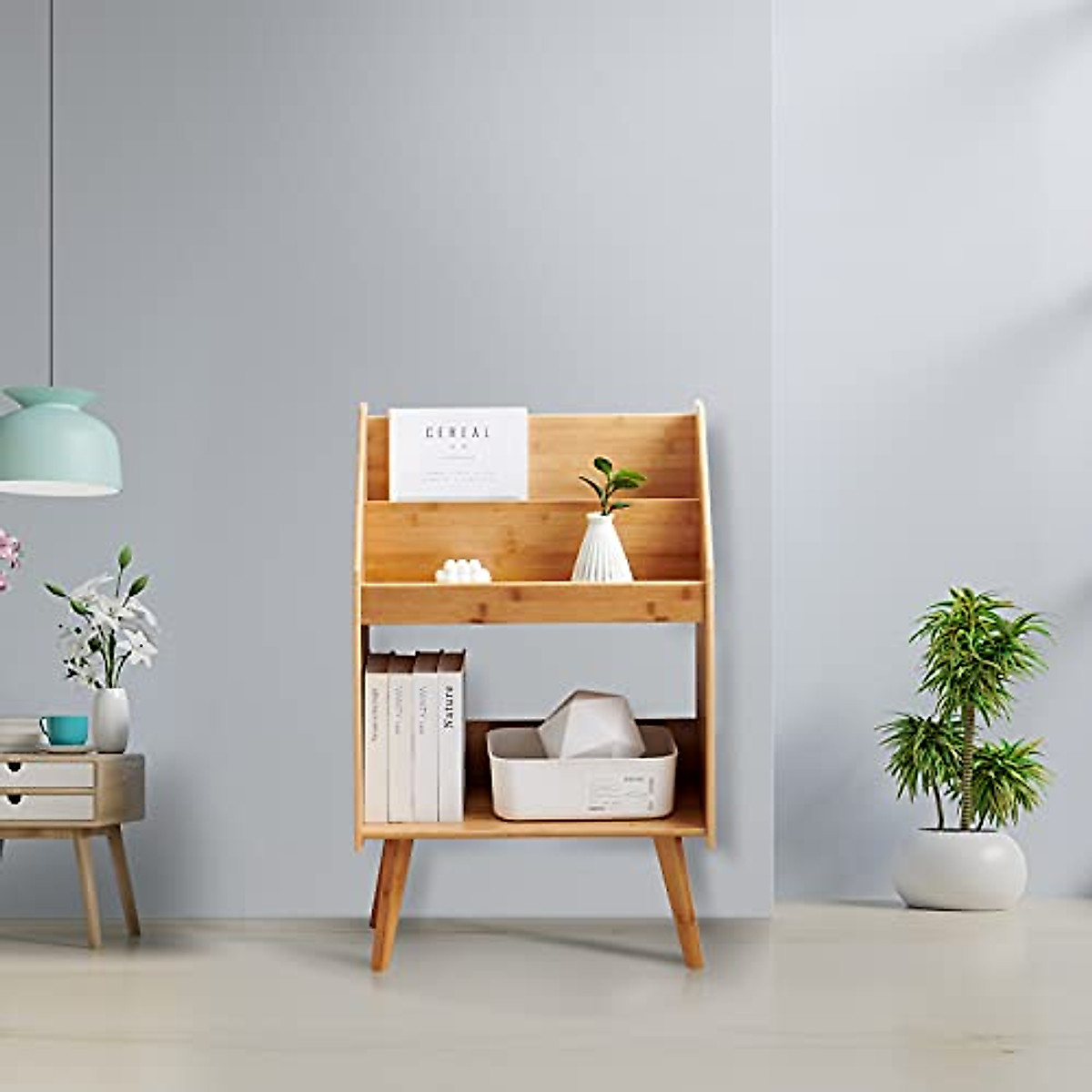 AbocoFur Bamboo Floor Book and Magazine Display Shelf, 20.67"(L) x10.63(W) x30.71(H), Multifunction Free Standing Organizer Storage Rack, Small Bookcase for Home, Office, Burlywood