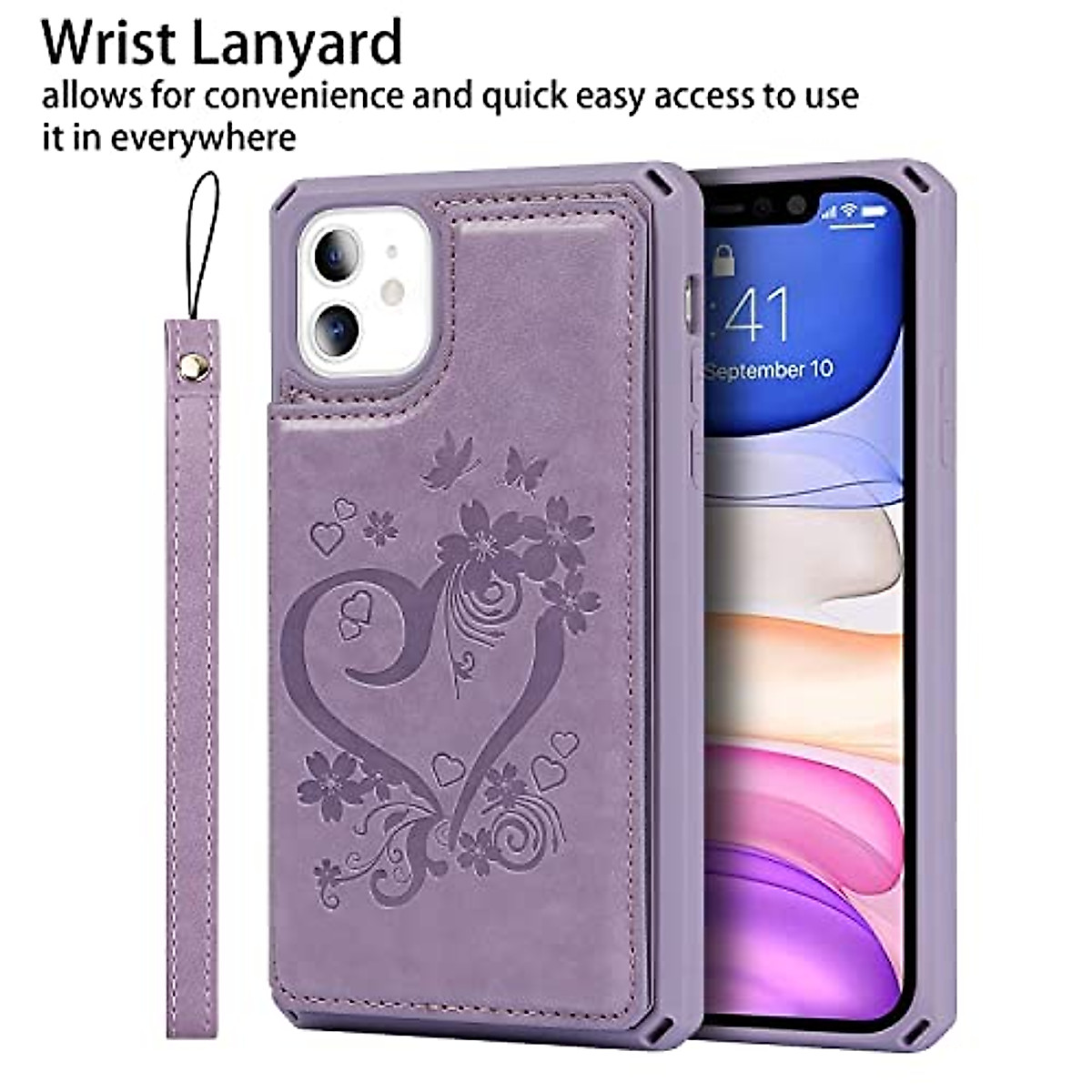 Cavor for iPhone 11 Phone Case with Card Holder,Wallet Case with Credit Card Holders for Women Men[Card Slots] [with Strap] PU Leather Shockproof Cover for iPhone 11-Heart Purple