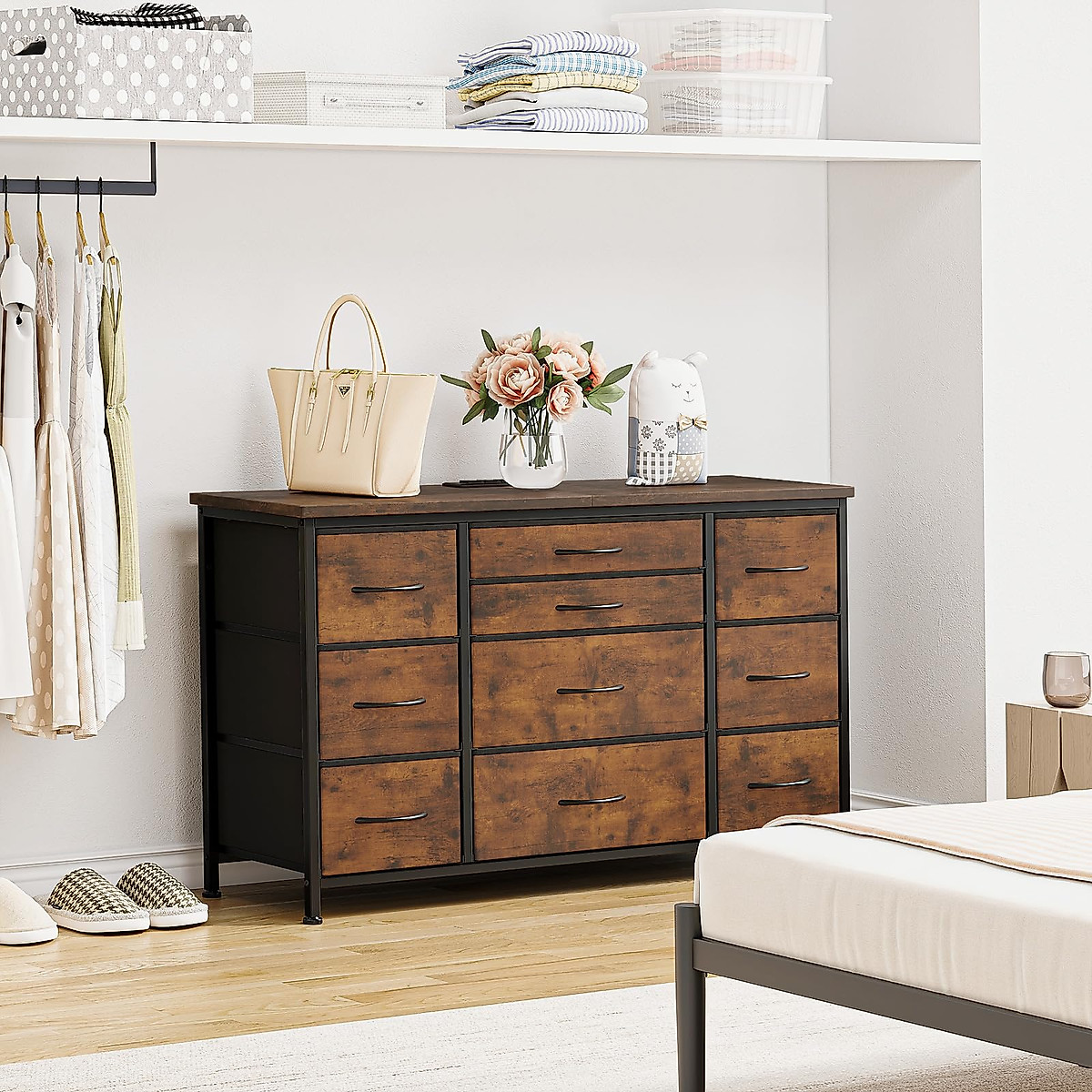 Jojoka Wide Dresser with 10 Large Drawers for 55'' Long TV Stand with Power Outlet Entertainment Center, Storage Fabric Drawer Unit for Bedroom, Closet, Entryway, Sturdy Metal Frame, Rustic Brown