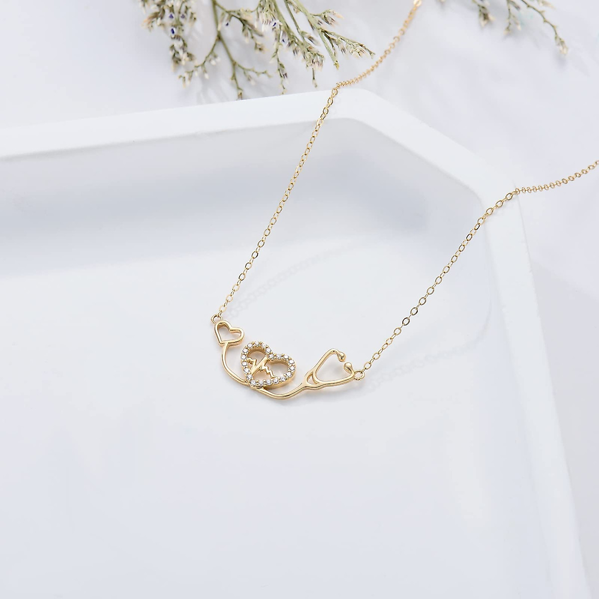 SISGEM 14K Real Gold Stethoscope Necklace for Women,Yellow Gold Created Moissanite Heart and Heartbeat Necklaces,Medical Jewelry for Doctor Nurse Medical Student RN Nurse Gifts,16''-18'' (Style-2)