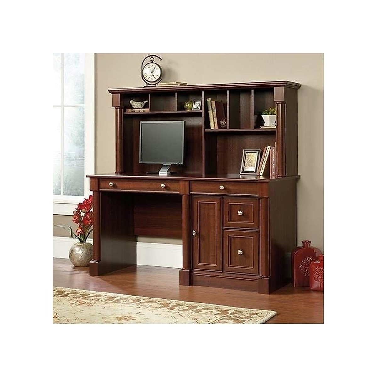 BOWERY HILL Home Office Computer Desk with Hutch, CPU Storage, Letter Size File Hanging Drawer in Cherry