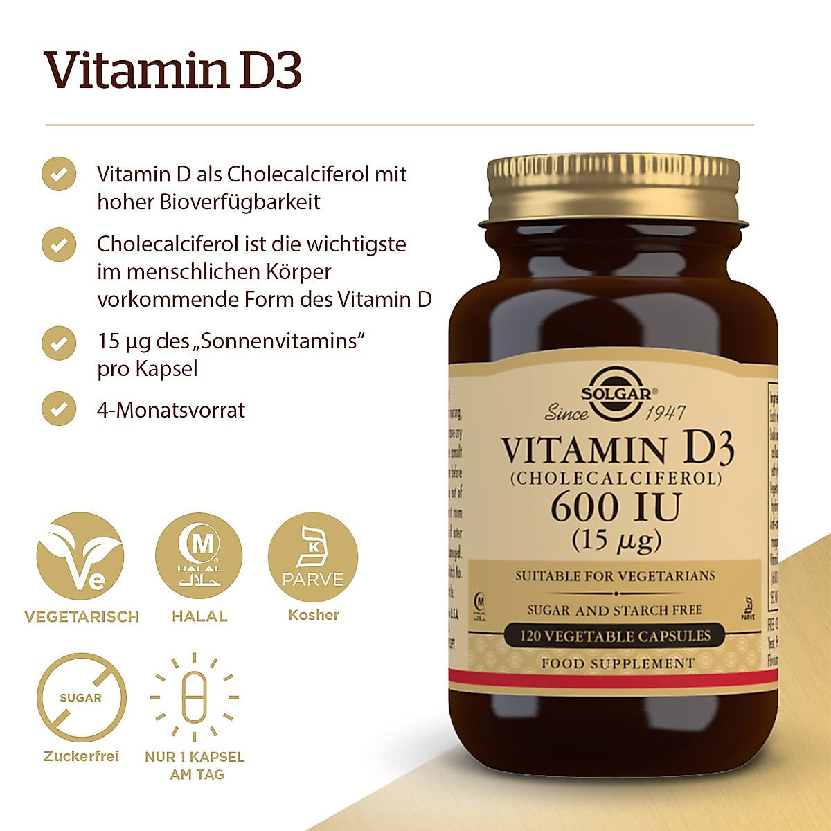 Solgar Vitamin D3 (Cholecalciferol) 15 mcg (600 IU), 120 Vegetable Capsules - Helps Maintain Healthy Bones & Teeth - Immune Support - Non-GMO, Gluten Free, Dairy Free, Kosher, Halal - 120 Servings