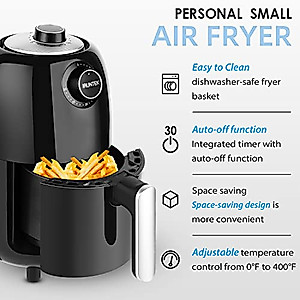 iRUNTEK Small Mini Air Fryer, 1.3Qt Compact Air Fryer with Recipe Book and 50pcs Parchment Paper Liners, User Friendly, Dual Knob Control, Non-Stick, Black
