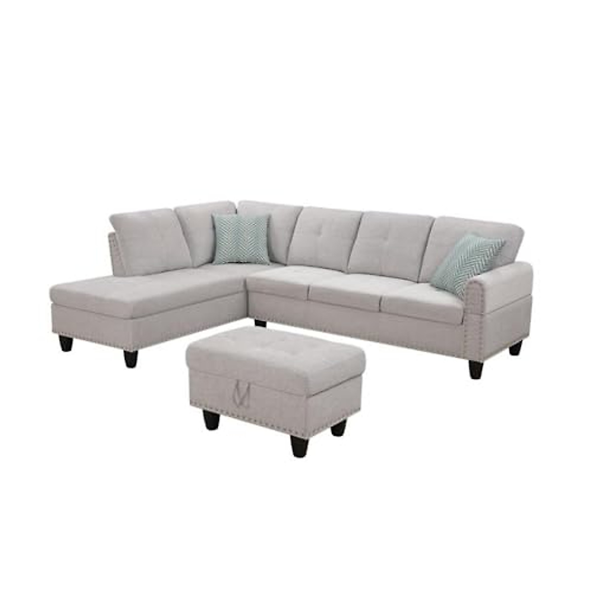 Devion Furniture Polyester Fabric Sectional Sofa with Lift-top Storage Ottoman, Tufted Design, in Light Gray Finish