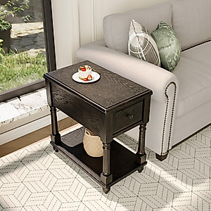 LEEMTORIG Narrow End Table with Drawer, Solid Wood 2 Tier End Side Table with Storage Shelves, Slim Nightstand for Small Spaces, Living Room, Bedroom, Easy Assembly, Rustic Black BBJ-004-BK