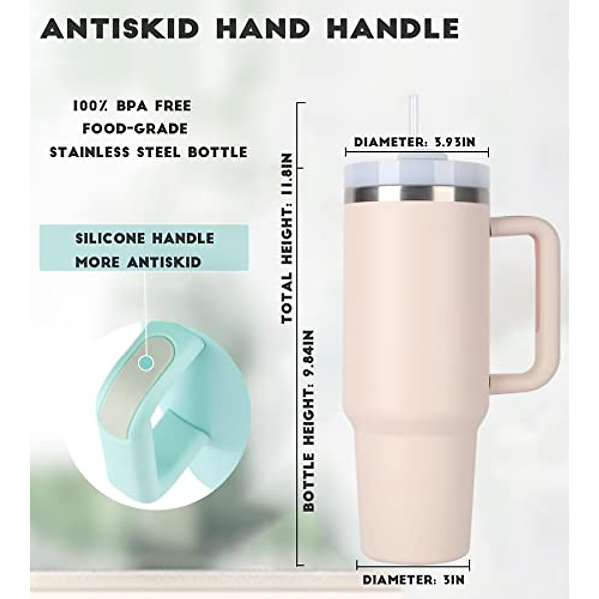 DREAMING MY DREAM 40oz Tumbler with Handle, H2.0 Tumbler Reusable Vacuum, Insulated Tumbler With Lid and Straws, Insulated Cup, Leak Resistant Lid (Rose Quartz)