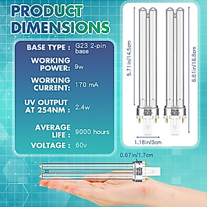 Qualirey 2 Pcs 9W UV Bulb 9 Watt G23 2 Pin Base Replacement UV Light Bulb 9W UV UVC PL-S9 TUV Germicidal Bulb for Outdoor Pond Aquarium