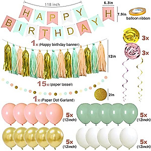 Birthday Party Decorations for Girls Women Her with Happy Birthday Banner,Honeycomb ball,Circle Dots Garland,Hanging Swirls Paper Pompoms,Paper Tassels Garland for Mint Green Gold Peach Birthday Decor