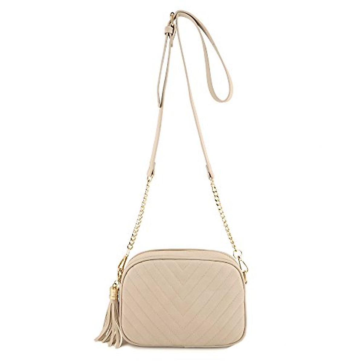 Simple Shoulder Crossbody Bag With Metal Chain Strap And Tassel Top Zipper (Beige)