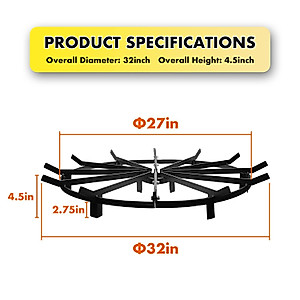 Round Fire Pit Grate 32 x 32 x 4.5 Inches, Heavy Duty Wagon Wheel Firewood Fireplace Grate, 6 + 2 Legs Spider Fire Pit Grill Grates, Fire Logs Stove Burning Rack for Inside Outdoor Campfire Bar