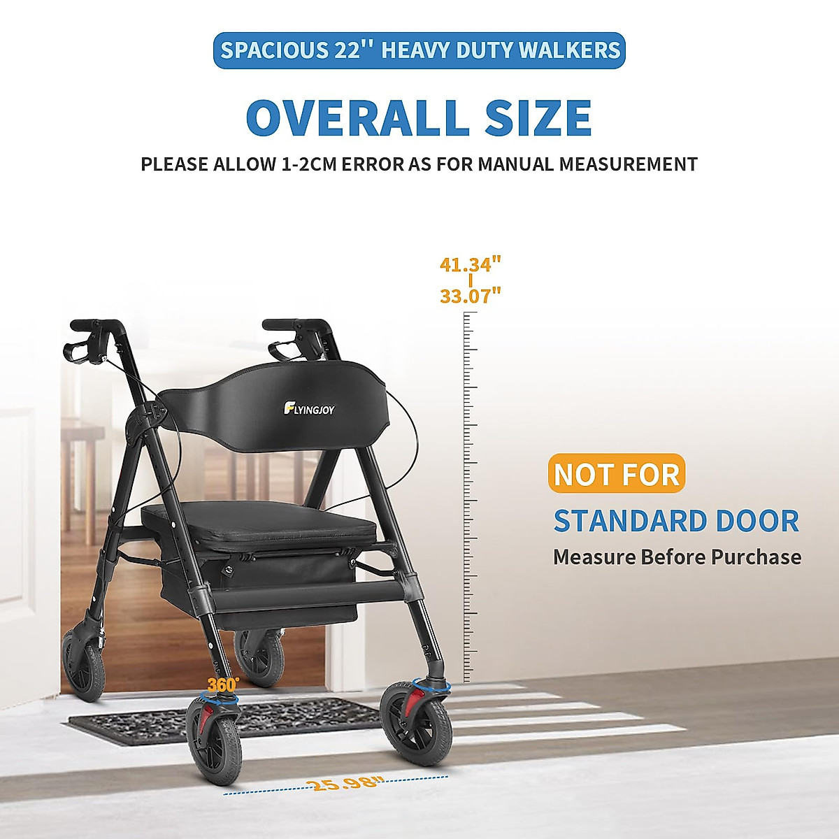 FlyingJoy Heavy Duty Rollator Walker for 450 lbs Large People, 4-Wheels Folding Rolling Walker with Extra Spacious Seat, NOT for Standard Door 26" Wide, a bit Bulky for Lightweight Elderly (Black)