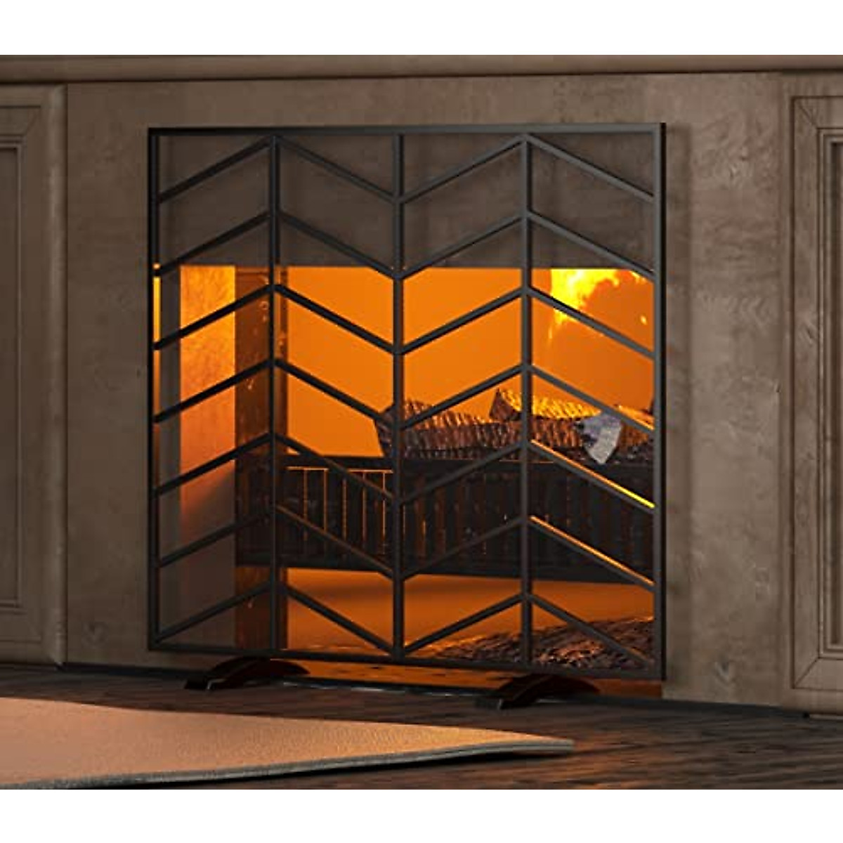 Fire Beauty Single Panel Handcrafted Wrought Iron Mesh Chevron Fireplace Screen, Fire Spark Guard for Living Room, Bedroom Décor