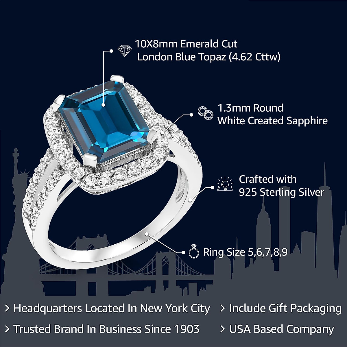Gem Stone King 925 Sterling Silver London Blue Topaz Ring | Emerald Cut 10X8MM Engagement Ring For Women | 4.62 Cttw | Gemstone Birthstone | Available In Size 5, 6, 7, 8, 9