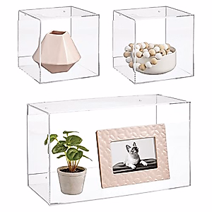 mDesign Floating Wall Mounted Shelves, Decorative Acrylic Geometric Square/Rectangle Display for Photos, Plants, Decor - Shadow Box for Bedroom, Office, Bathroom, Lexa Collection, Set of 3, Clear