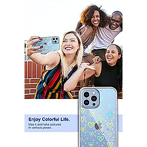 Jusy Compatible with iPhone 13 / iPhone 14 Case, Holographic Love Heart Iridescent Clear Kawaii Phone Case, for Women Aesthetic Laser Bling Rainbow Cute iPhone Cover, Holo Reflective Case