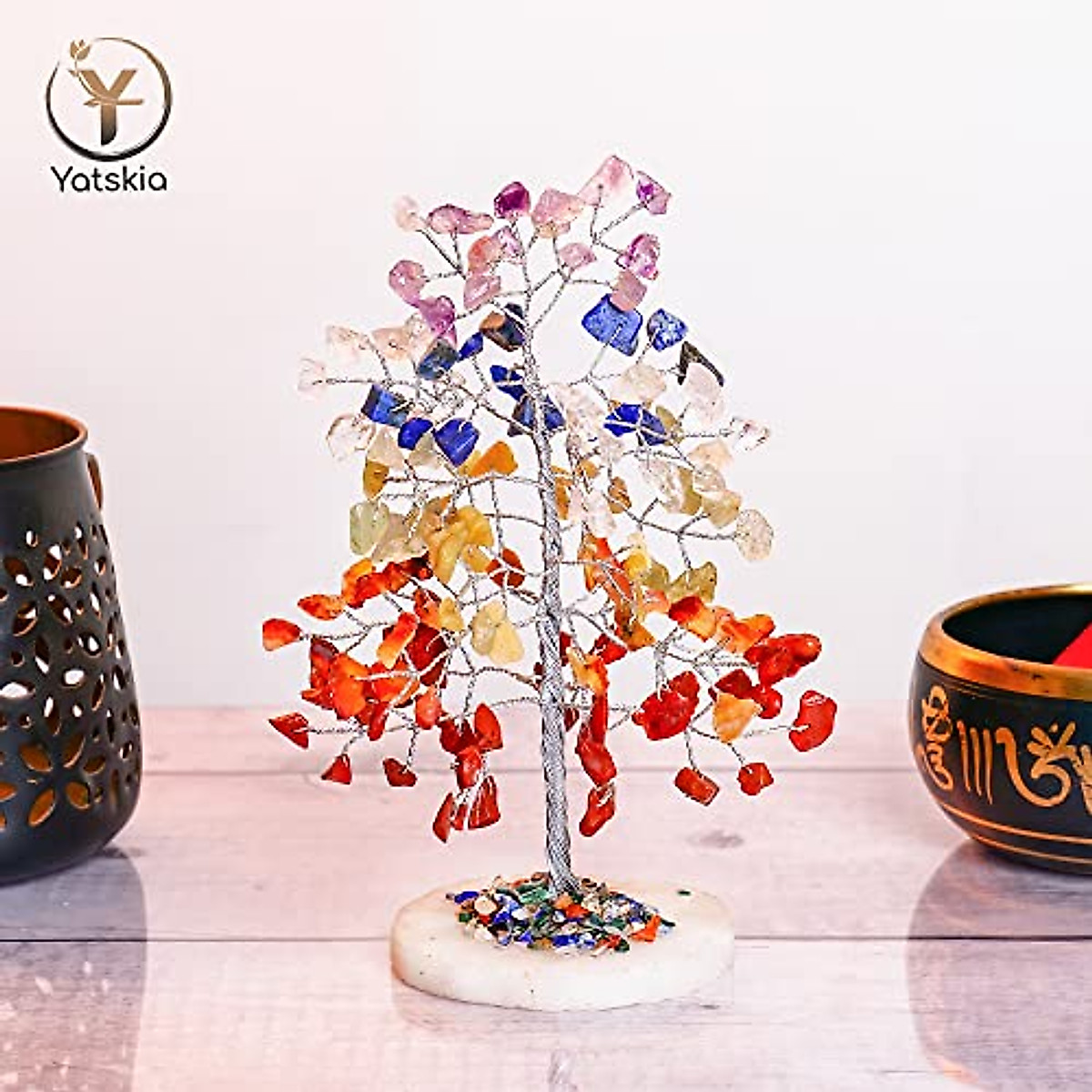 Chakra Tree of Life - Wrapped On Natural Geode Agate Slice Base, w/Tree of Life Necklace - Chakra Decor, Crystals and Healing Stones, Feng Shui Tree, Seven Chakra Tree, 7 Chakra Tree, Bonsai Tree