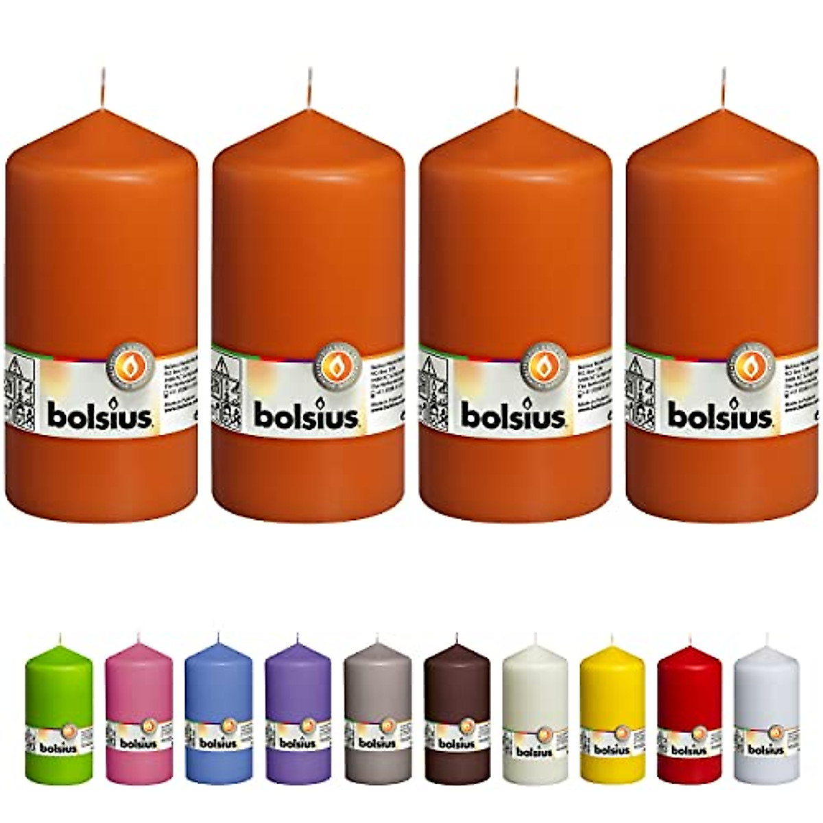 BOLSIUS 4 Orange Pillar Candles - 3x6 Inches - Individually Wrapped - Premium European Quality - 65 Burn Hours - Dripless & Smokeless Smooth Flame - Unscented Dinner, Wedding, Party, & Décor Candles