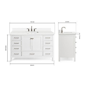 ARIEL Cambridge 55" White Bathroom Vanity with Sink, 1.5" Edge Pure White Quartz Countertop & Backsplash, Center Rectangular Sink, 2 Soft Closing Doors, 9 Full Extension Dovetail Drawers