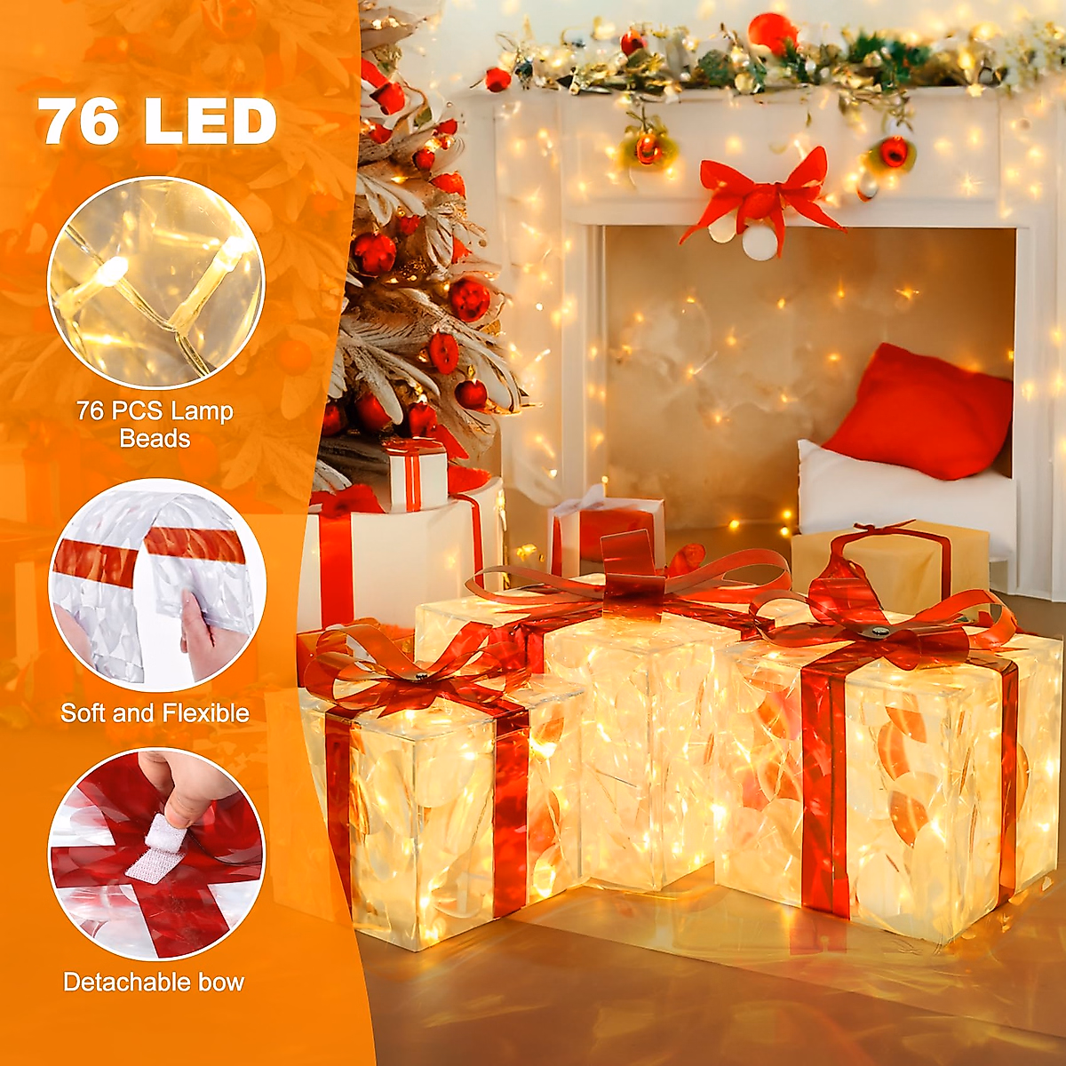 Large Christmas Lighted Present Boxes Decorations, Plug-In Transparent Warm White 76 LED Light Up Gift Boxes Outdoor Indoor for Christmas Tree Yard Home Lawn Holiday Outside Xmas Decor Set of 3