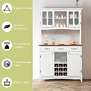 Giantex Buffet Hutch Cabinet, Kitchen Hutch Sideboard, Buffet Cabinet on Storage Island, Wood Kitchenware Server with 3 Large Drawers and 9 Wine Bottle Modulars (White)