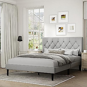 Queen Size Platform Bed Frame with Upholstered Headboard, Button Tufted Design, No Box Spring Needed, Light Grey