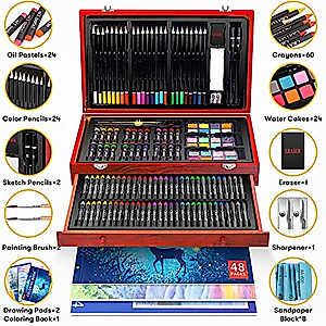 Art Supplies, iBayam 150-Pack Deluxe Wooden Art Set Crafts Drawing Painting Kit with 1 Coloring Book, 2 Sketch Pads, Creative Gift Box for Adults Artist Beginners Kids Girls Boys
