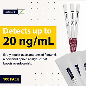 SafeStrip - Fentanyl Test SafeStrip - Fentanyl Test Strips, Quick, Reliable & Easy-to-Use Drug Test Kit for Home Medical Testing on Pills, Powder, Urine & Residue, 100-Pack Test Strips with Scoop