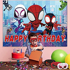 Spidey and His Amazing Friends Party Birthday Background, Spider Party Supplies,5x3Ft Spidey Photo Backdrop and 6 Pcs Spidey Party Cosplay Masks for Any Spidey Birthday Decor