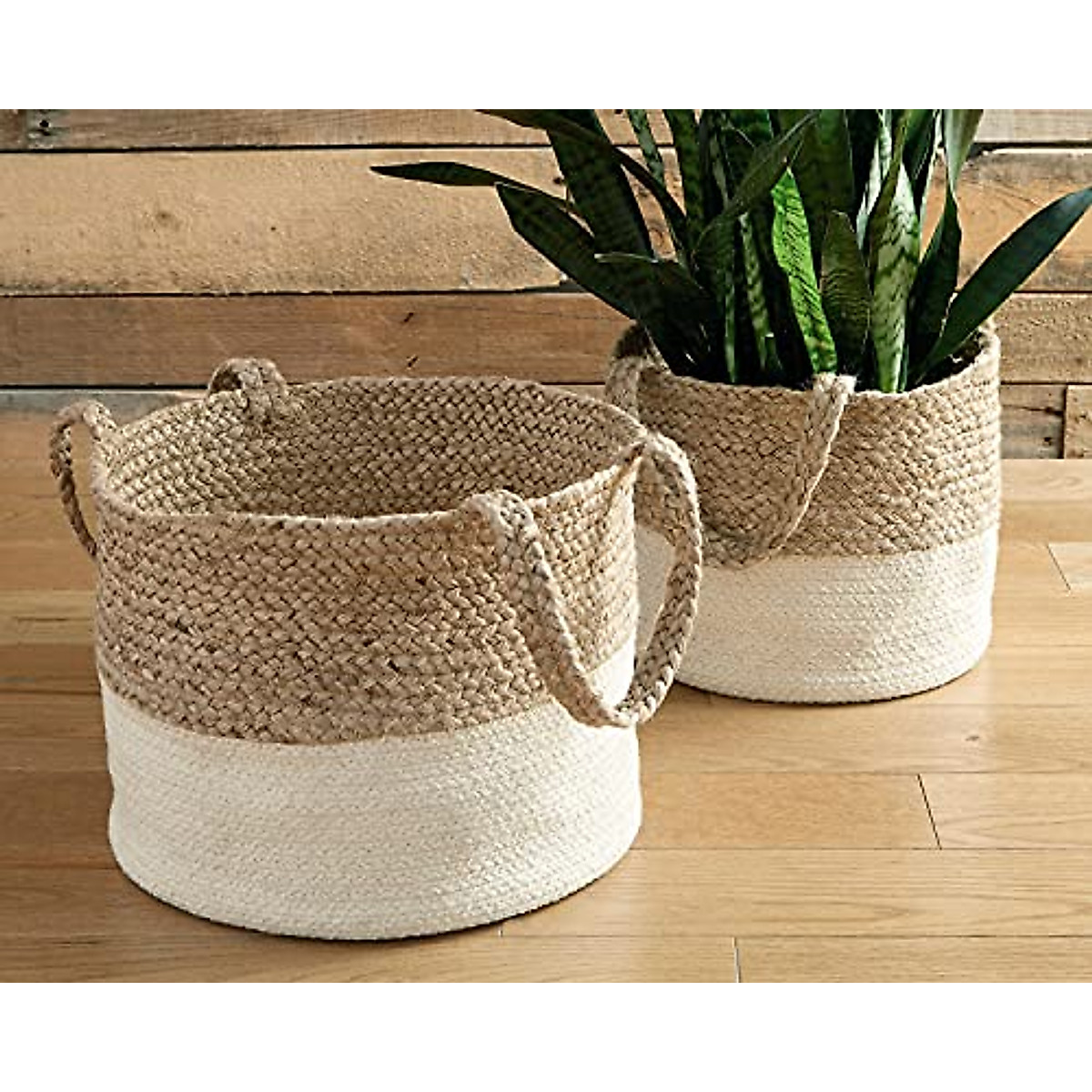 Signature Design by Ashley Parrish Farmhouse Braided Basket, Set of 2, Natural Brown & White,Full