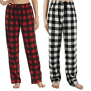 LANBAOSI Christmas Pajama Pants for Women Fuzzy Pack Long Fleece Buffalo Plaid Pj Bottoms Soft Drawstring Lounge Sleepwear Red/Grey