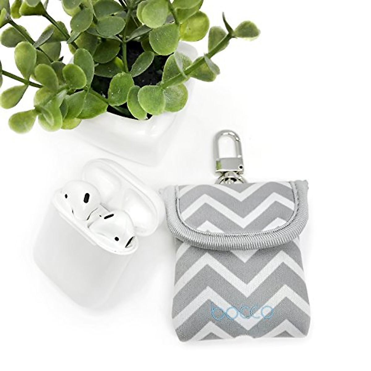 AirPods Carrying Case with Keychain, Soft Neoprene Earbud Holder, Compact Earphones Sleeve for Apple Headphones, Grey Chevron