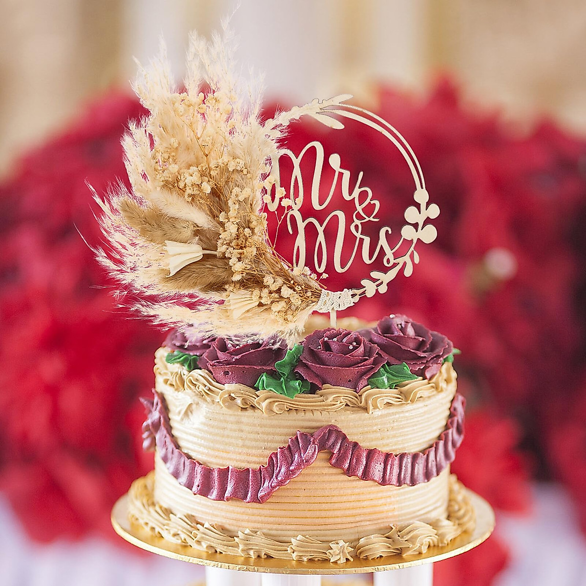 Luxshiny Boho Cake Topper Decorations Pampas Grass Flower Wreath Hoop Cake Topper for Wedding Bridal Baby Shower Birthday Party Supplies