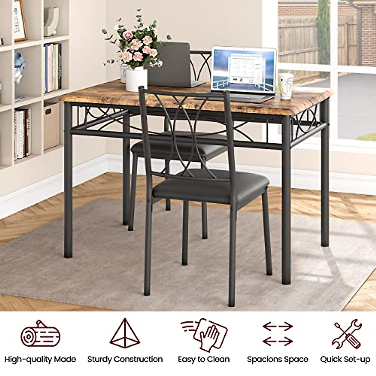 IDEALHOUSE Dining Table Set for 4, Kitchen Table and Chairs, Rectangular Kitchen Table Set with 4 Upholstered Chairs, 5 Piece Dining Room Table Set for Small Space, Apartment, Rustic