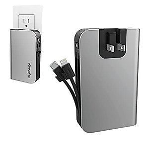 myCharge Portable Charger Power Bank - HubMax 10050 mAh Universal External Battery Pack | Foldable AC Wall Plug | Two Built in Cables for Apple (iPhone Lightning) & for Samsung USB Type C (Android)