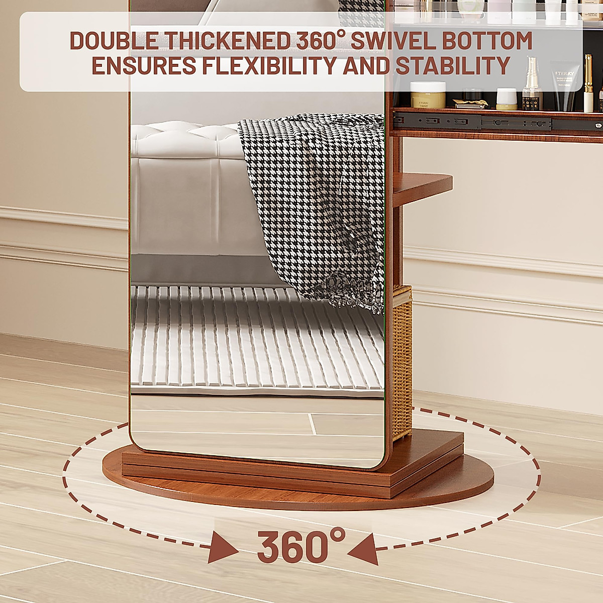 LVSOMT 360° Swivel Jewelry Armoire, Rotatable Full Length Mirror with Jewelry Storage, Standing Jewelry Cabinet with Coat Rack, Walnut, Soild Wood