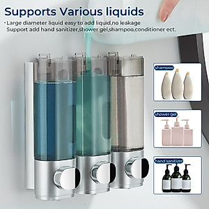 Shampoo and Conditioner Dispenser, Pollock Shower Dispenser 3 Chamber No Drill Shampoo Dispenser for Shower Wall Mounted Shampoo Conditioner Body Wash Dispenser for Bathroom,Large Capacity,Silver