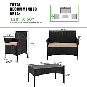 Outdoor 4 Pieces Rattan Chair Sofa Conversation Set Patio Wicker Set with Table Backyard Lawn Porch Garden Poolside Balcony Furniture (Black)