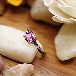 Dazzlingrock Collection 6mm Cushion Lab Created Pink Sapphire with Round Blue Sapphire & Diamond Women Engagement Ring, 10K Solid Yellow Gold, Size 8.5