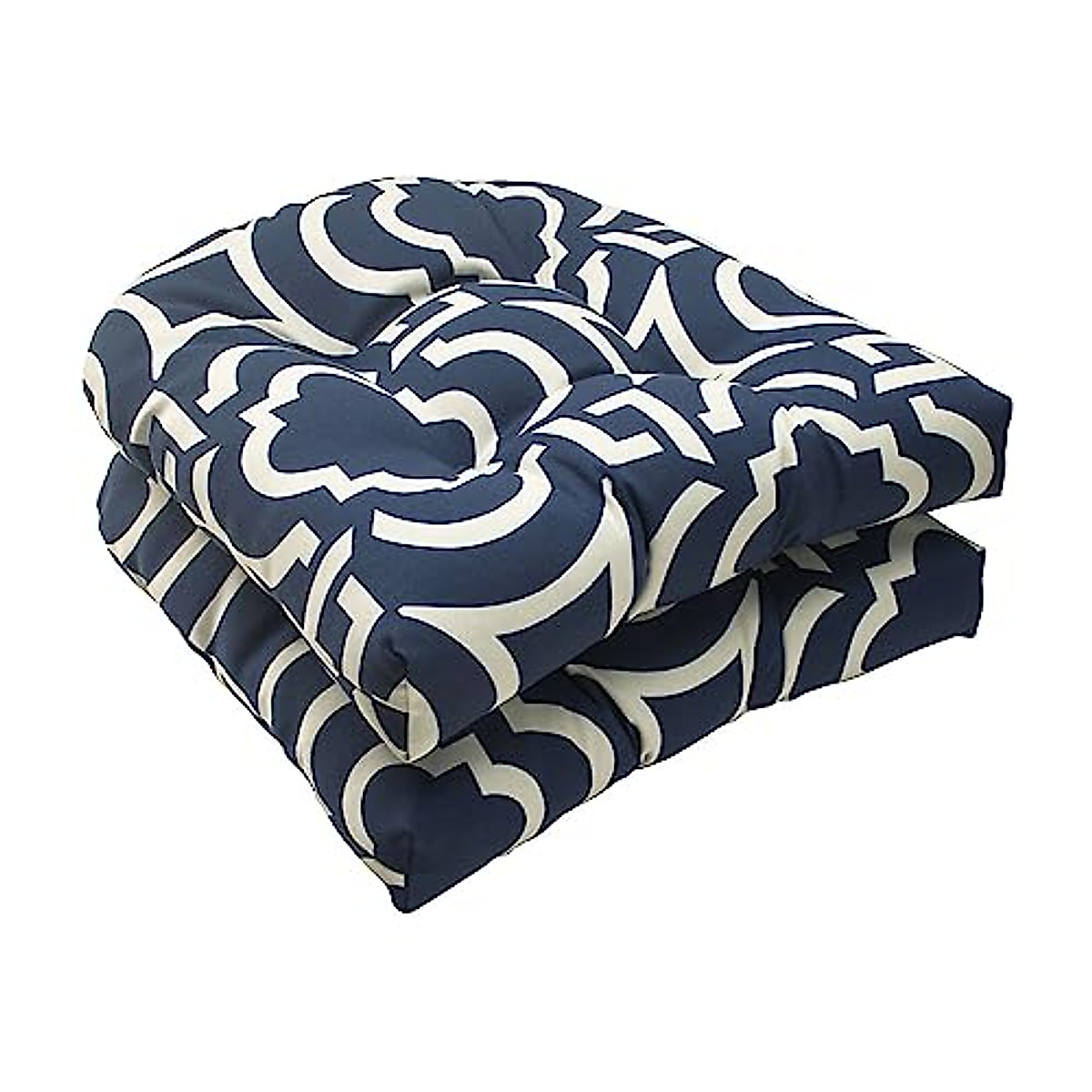 Pillow Perfect Trellis Indoor/Outdoor Chair Seat Cushion, Tufted, Weather, and Fade Resistant, 19" x 19", Blue/White Carmody, 2 Count