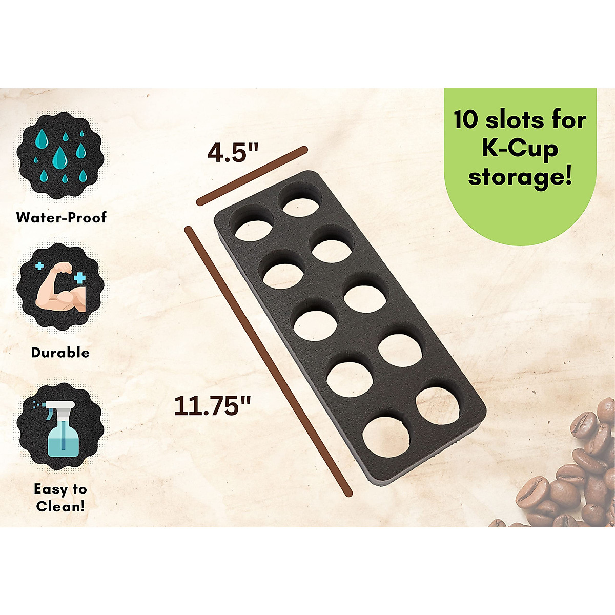 Polar Whale Coffee Pod Storage Organizer Tray Drawer Insert for Kitchen Home Office Waterproof 4.5 X 11.75 Inches 10 Slots Compatible with Keurig K-Cup Durable Dark Gray Foam Made In The USA