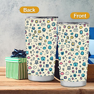 FOCIUZTA 20oz Tumbler with lid, Insulated Cup, Travel Coffee Mug, Ideal for Easter, Gaming Enthusiast, Mother’s Day, Birthday Gifts, Fun Tech Doodle Pattern