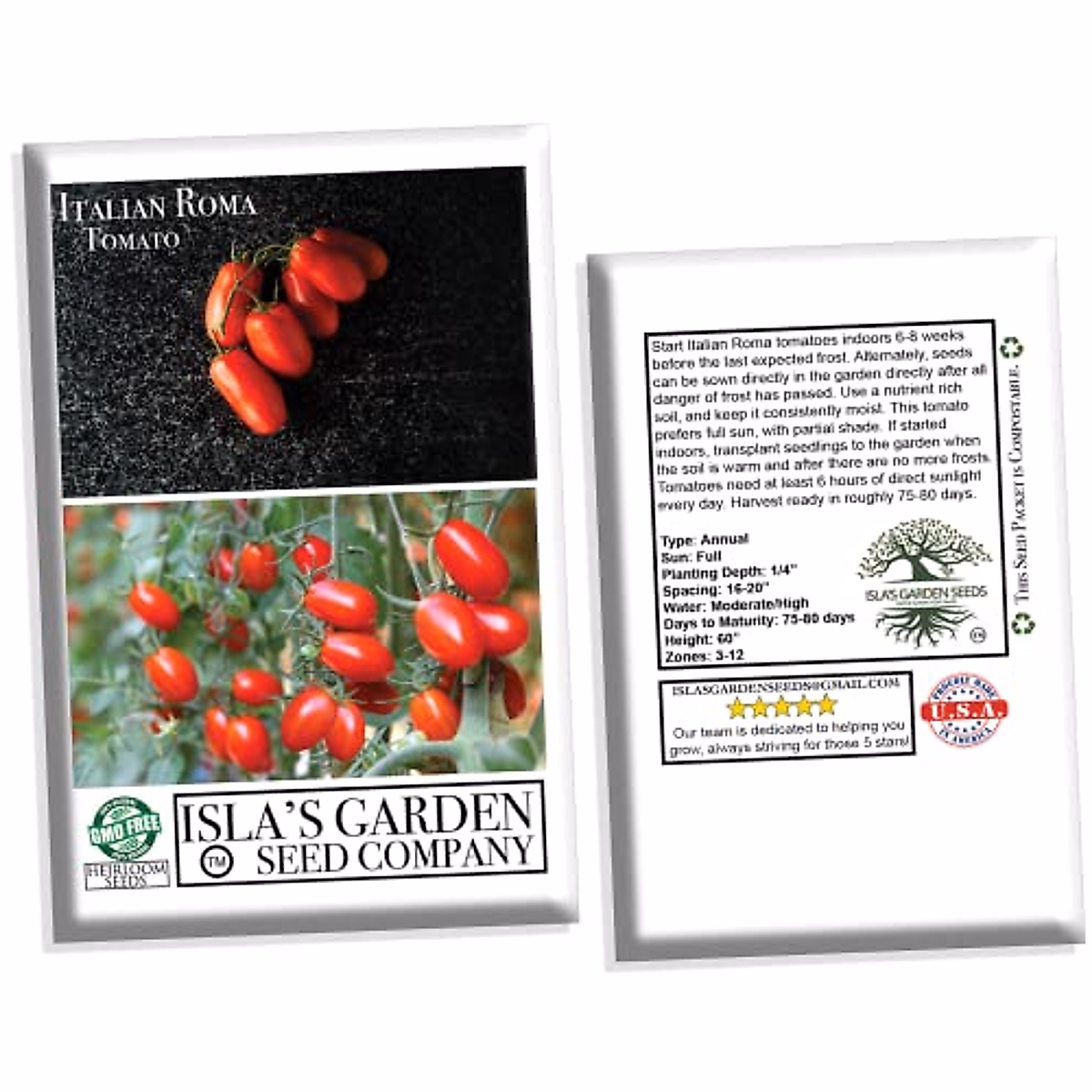 "Italian Roma" Tomato Seeds for Planting, 25+ Heirloom Seeds Per Packet, (Isla's Garden Seeds), Non GMO Seeds, Botanical Name: Solanum lycopersicum, Great Home Garden Gift