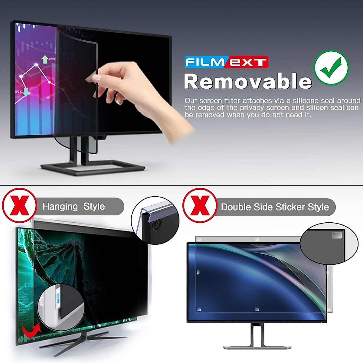 FILMEXT [2023 Upgrade 24 Inch Computer Privacy Screen Filter for 16:9 All-in-One Desktop/Frameless Monitor-Removable Blue Light UV Blocking Privacy Shield for Thin Bezel Computer