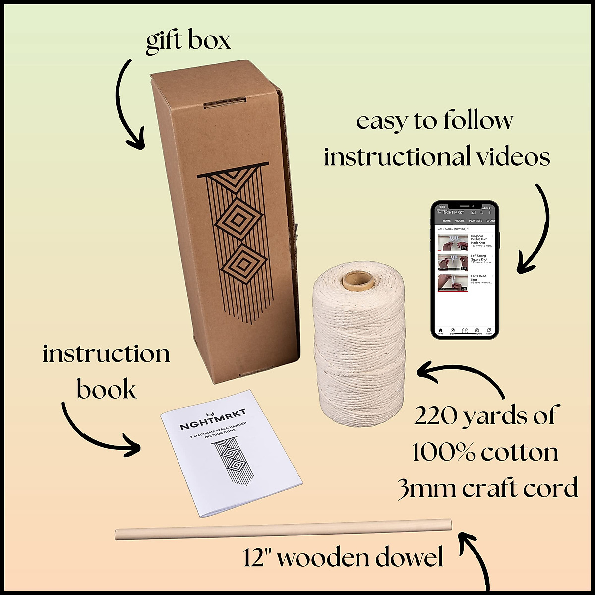 NGHTMRKT Macrame Kit, DIY Macrame Kits for Adult Beginners, Macrame Wall Hanging Kit, 220 Yards Macrame Cord, Wooden Dowel