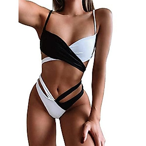 Lilosy Sexy Wrap Criss Cross Cutout Two Tone Color Block High Cut Leg Thong Brazilian Bikini Swimsuit Set Women Cheeky Bottom Tie Back Bathing Suit 2 Piece White and Black 2# Medium