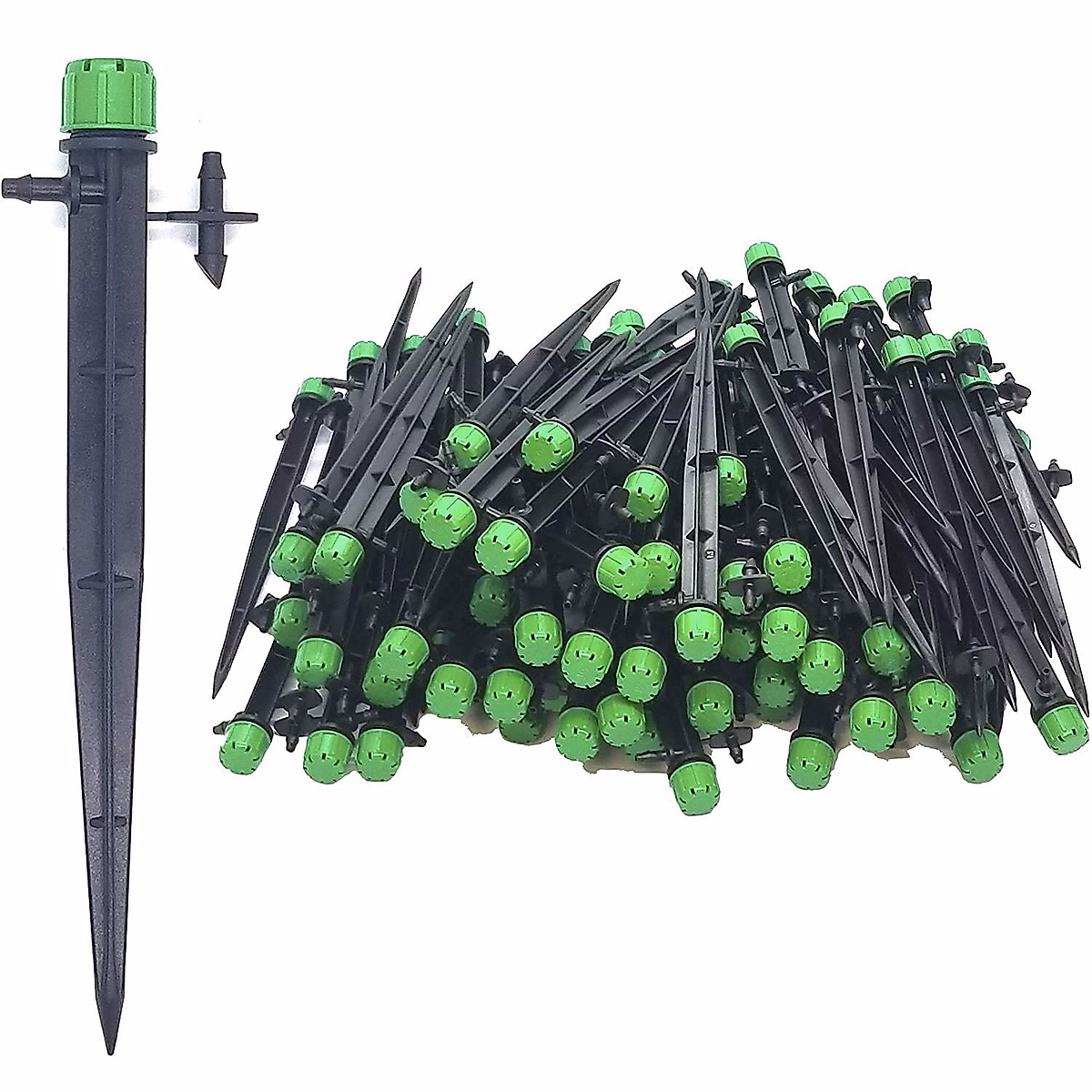 (100-PACK) - 1/4" Inch Universal 360* Degree Drip Emitter On 5" Stake - Adjustable Flow 0-18.5 GPH Fit 1/4 (4-7mm) Drip Irrigation Tubing - Professional Grade Drippers for Drip Irrigation