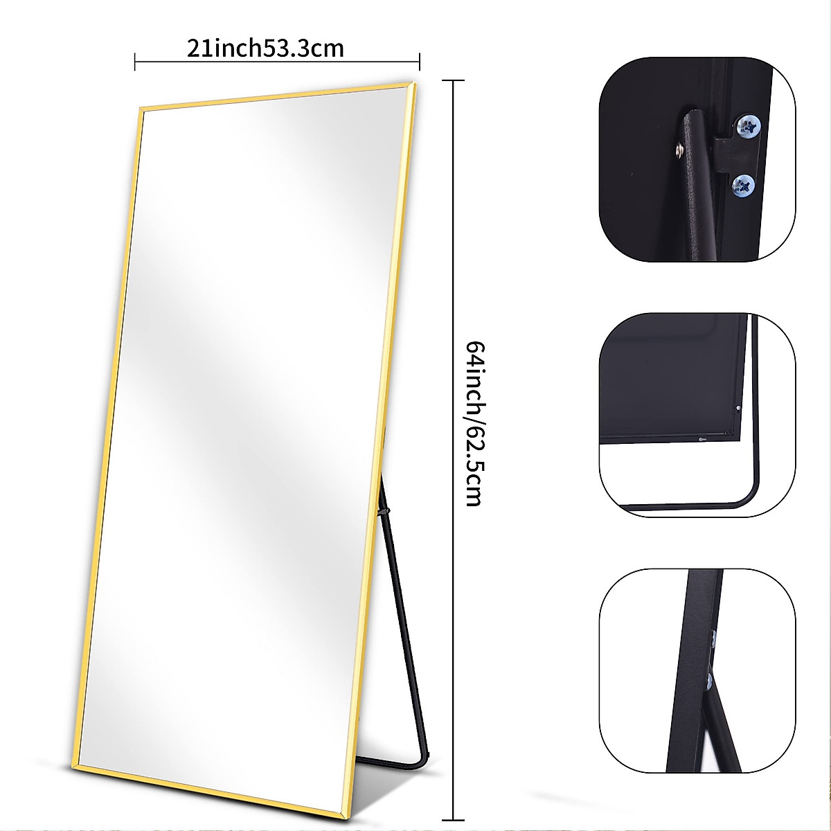 GLASHOM Full Length Mirror,21" x 64" Full Body Mirror,Gold Standing Mirror Full Length Rectangle Floor Mirror Full Length Frame Bedroom Hanging or Leaning Against Wall Dressing Floor Mirror