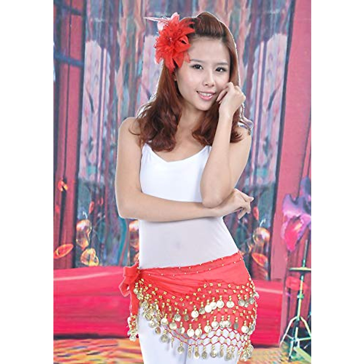 UHEREBUY Chiffon Dangling Gold Coins Belly Dance Hip Skirt Scarf Belt